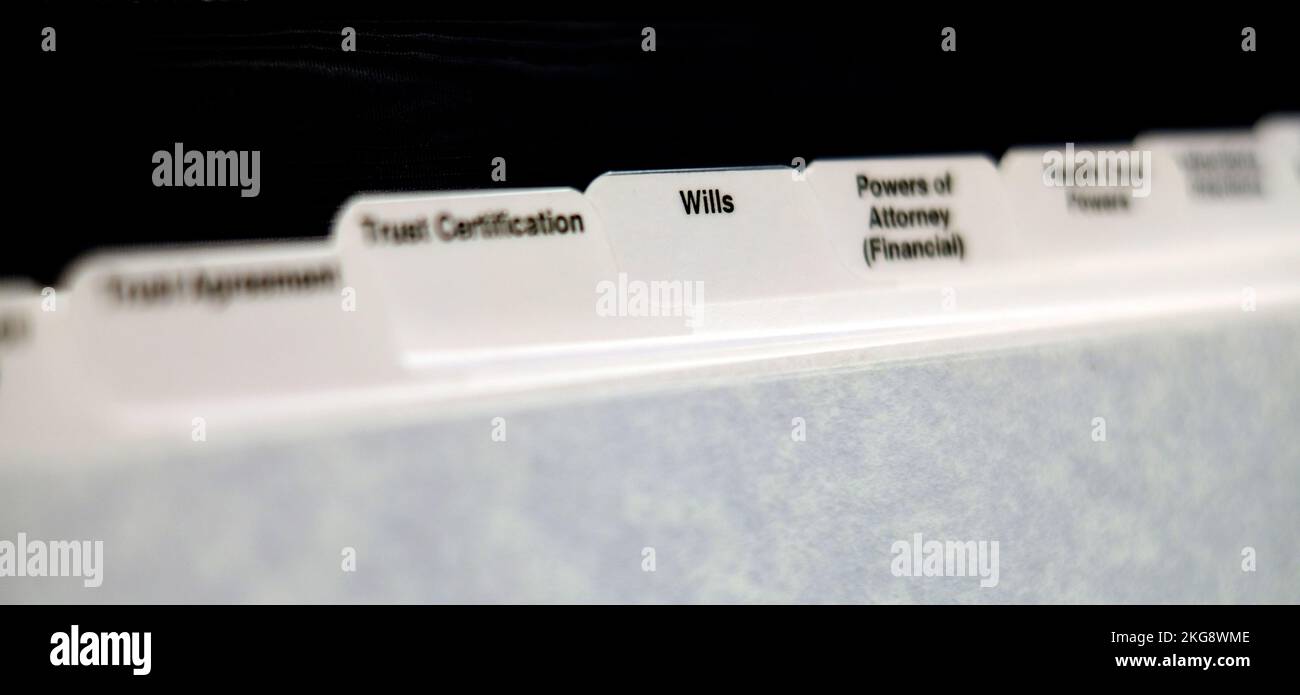 Estate planning documents organized with tabs for Will Power of ...