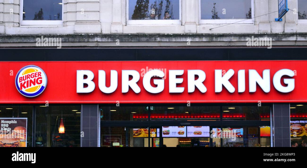 Exterior view of Burger King sign on the store or shop in Piccadilly ...