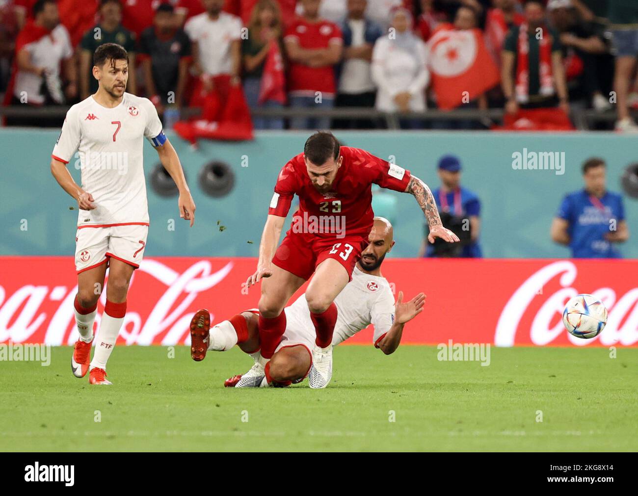 Al Rayyan, Qatar. 22nd Nov, 2022. Pierre-Emile Hojbjerg of Denmark (top ...