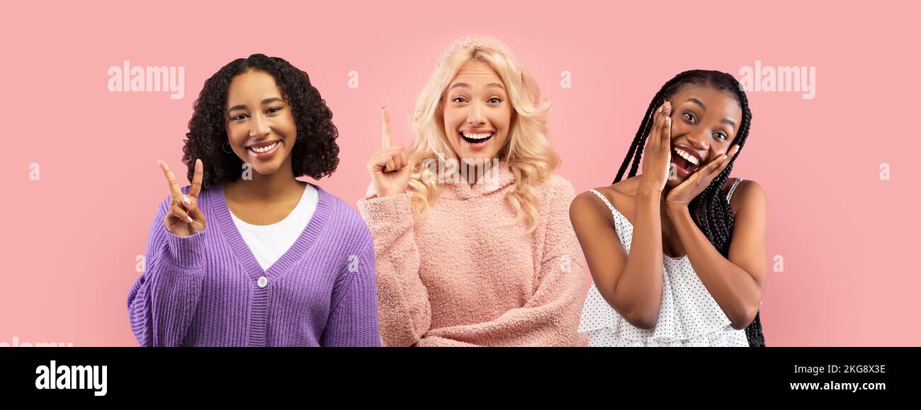 Positive multicultural millennail ladies gesturing over pink Stock ...