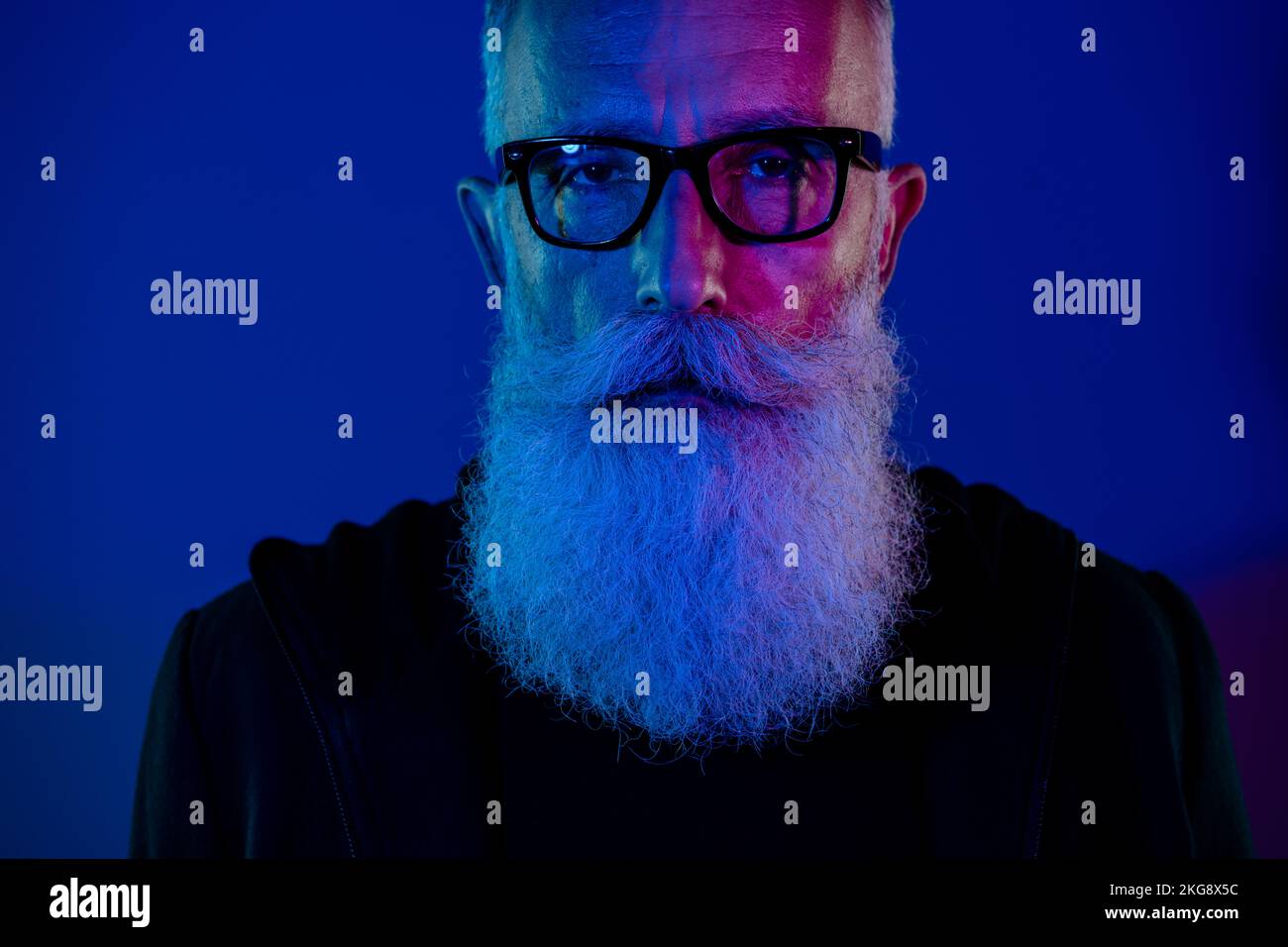 Close up photo of serious old man wear spectacles dressed outfit theme ...