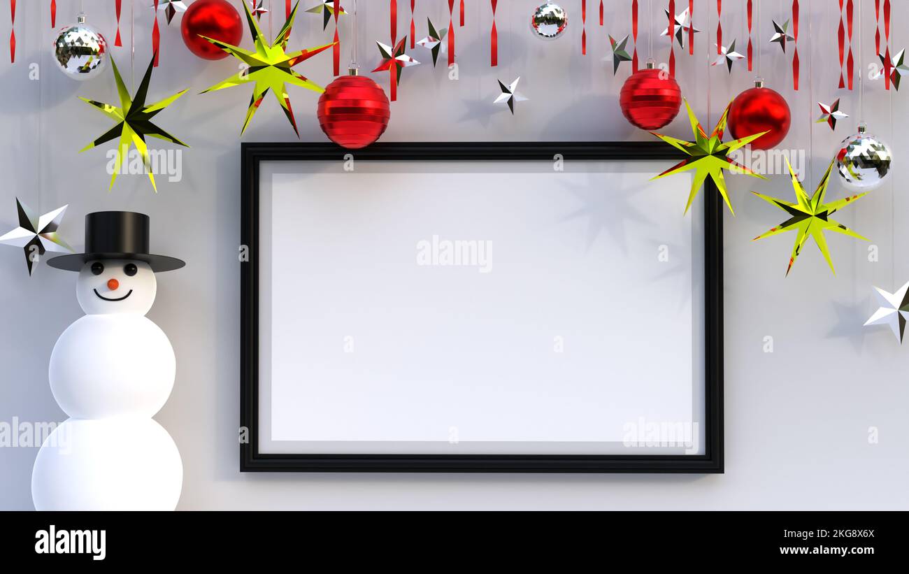empty frame with snowman for Christmas greeting concept design in 3d ...