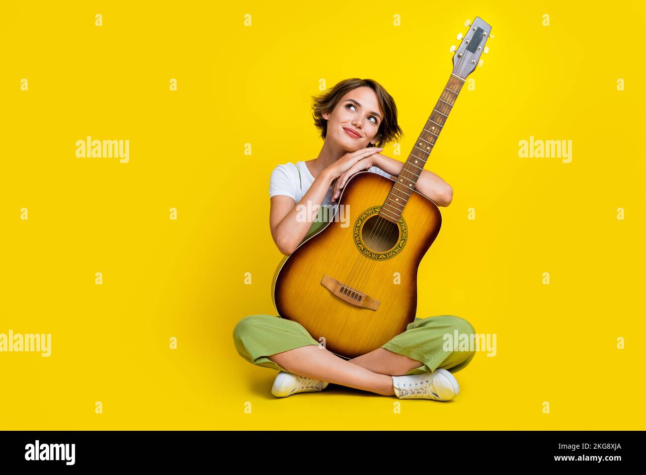Full length photo of adorable young lady lean acoustic guitar look ...
