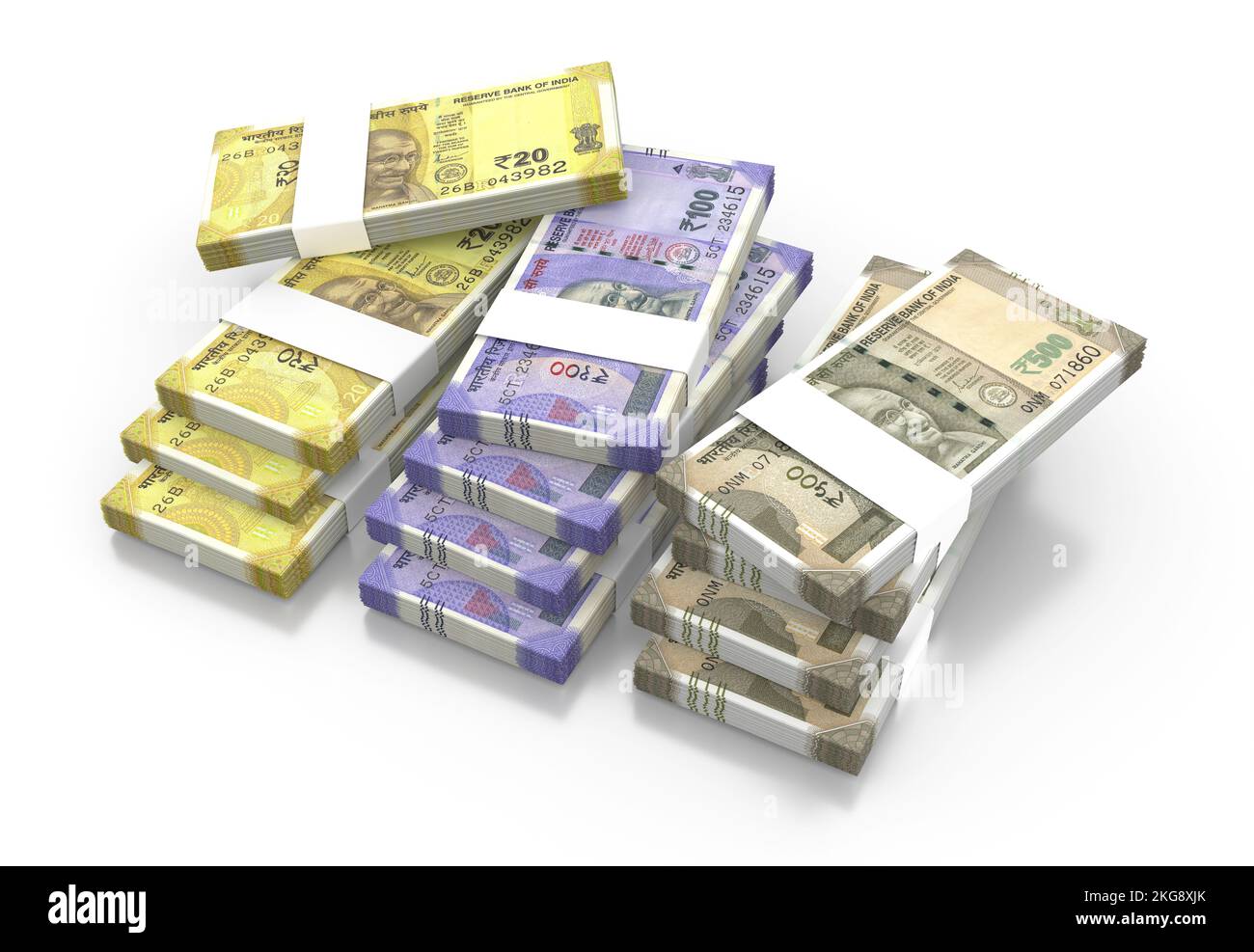 Indian Rupee 20, 100 & 500 Currency Note Bundles isolated on White ...