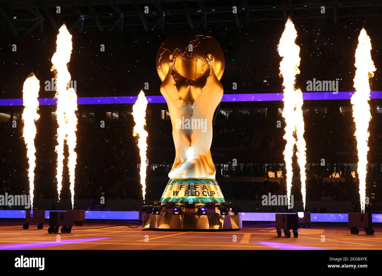 Fireworks light up a giant FIFA World Cup Trophy on the pitch ahead of ...