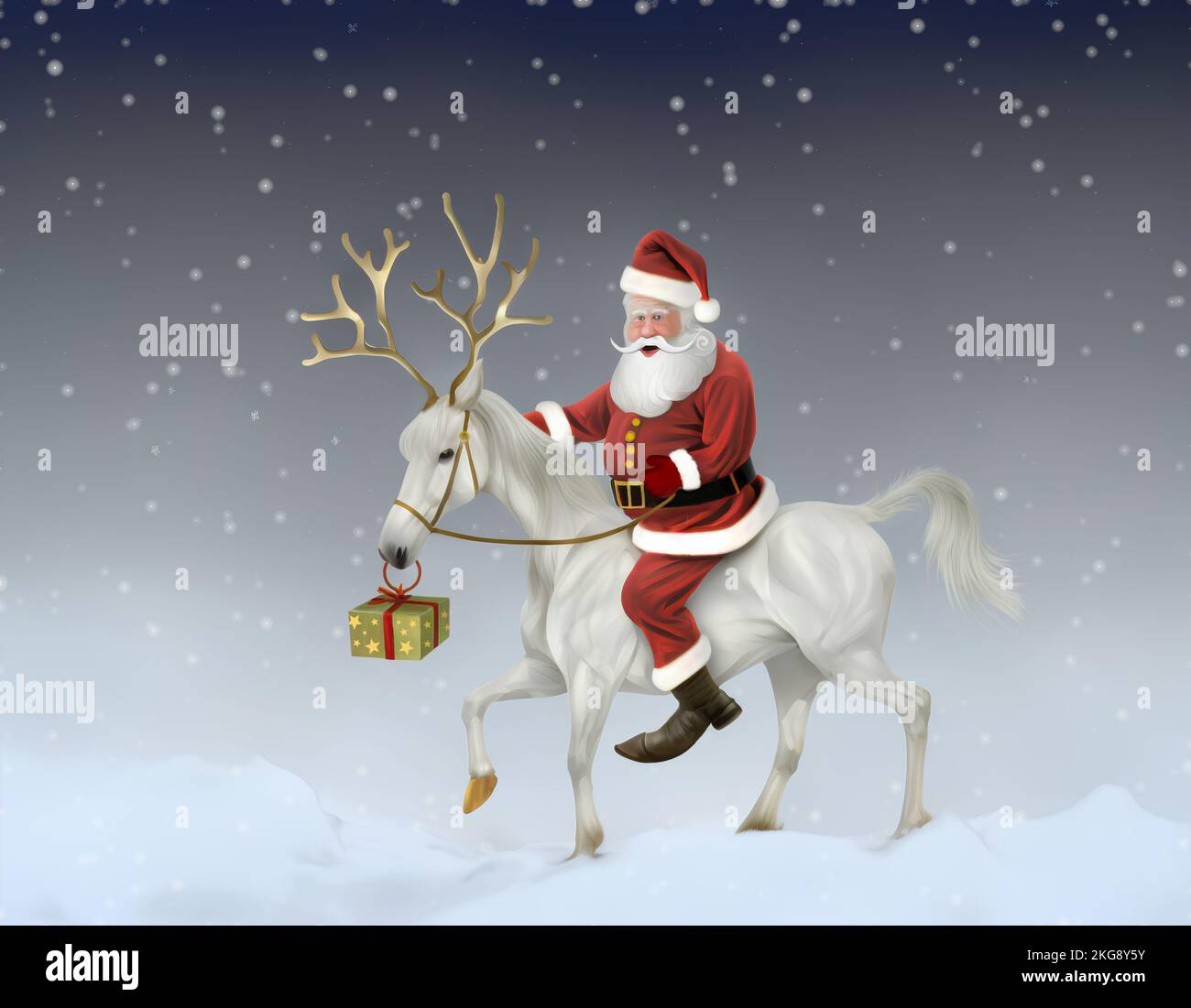 Santa Claus is riding on a tiny horse that pretends to be a reindeer ...