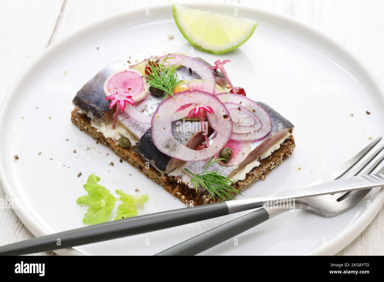 pickled herring Smorrebrod, Danish open faced sandwich Stock Photo - Alamy