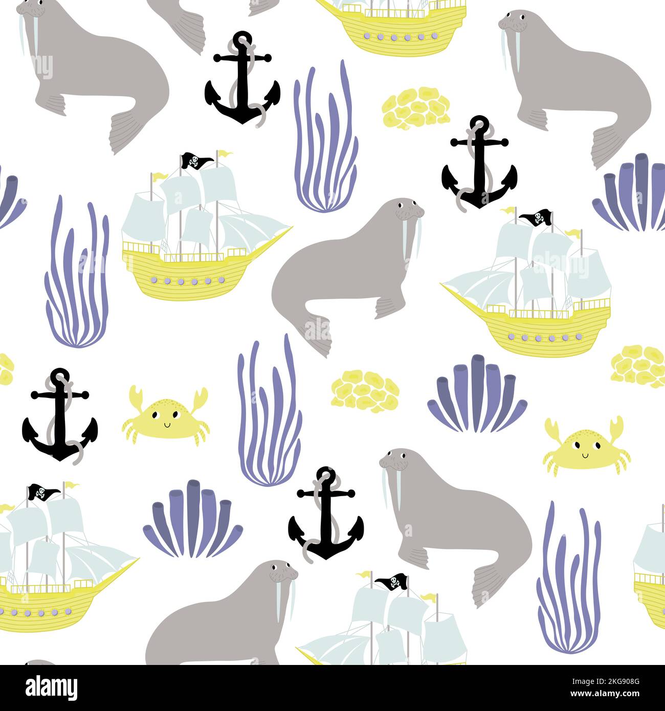 Vector seamless pattern with walrus, ship, crab, anchor, seaweed ...