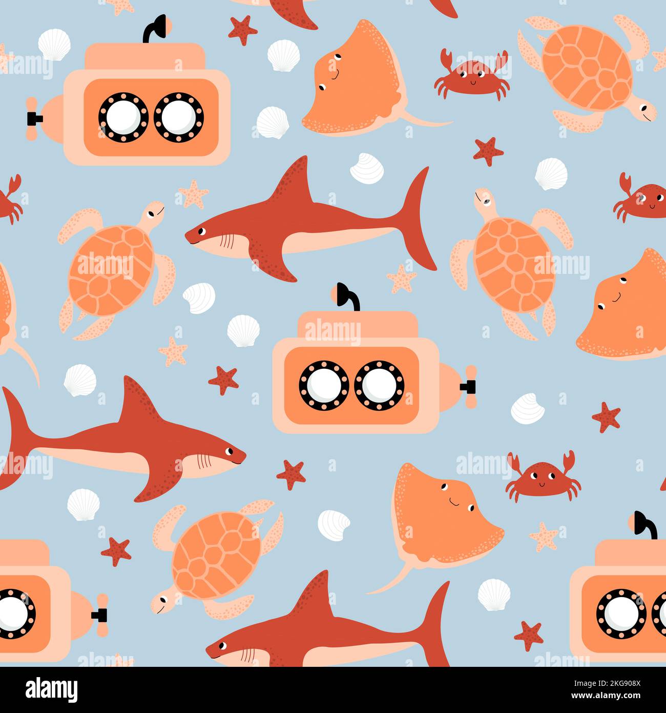 Vector seamless pattern with shark, submarine, turtle, crab, devil fish ...