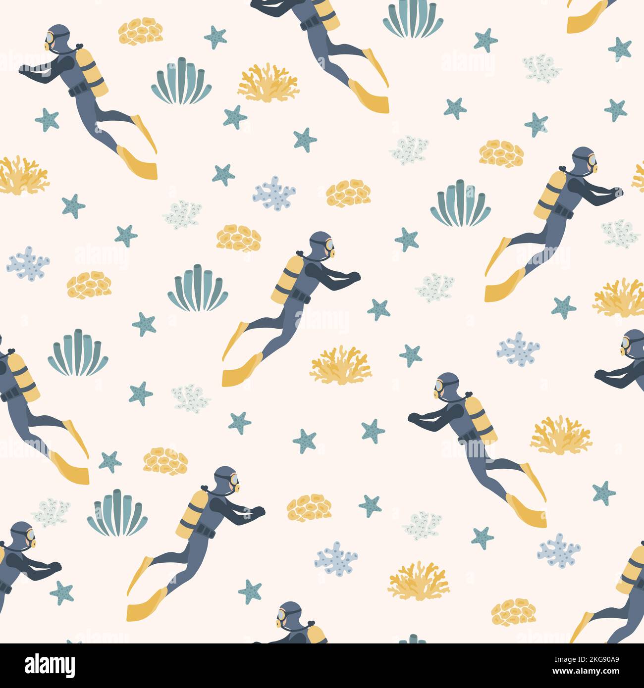 Vector seamless pattern witha diver, algae and starfish .Underwater cartoon creatures.Marine ...