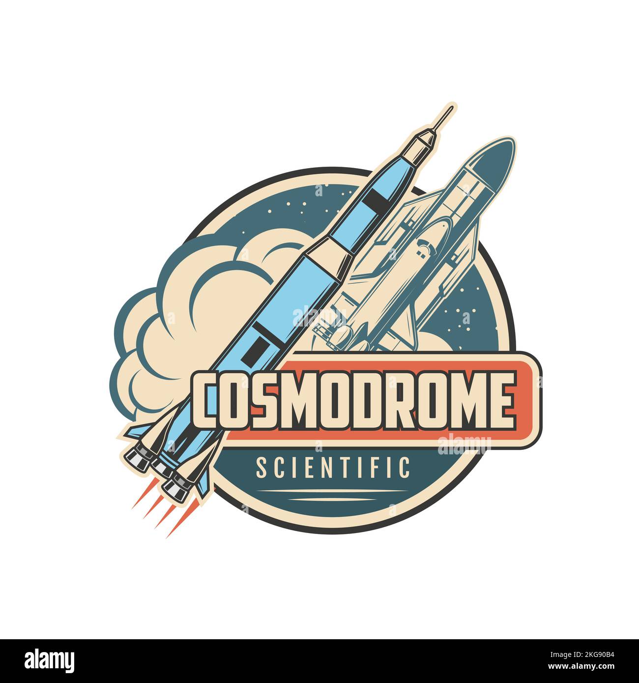 Cosmodrome vector icon with space rocket and shuttle. Astronomy science ...