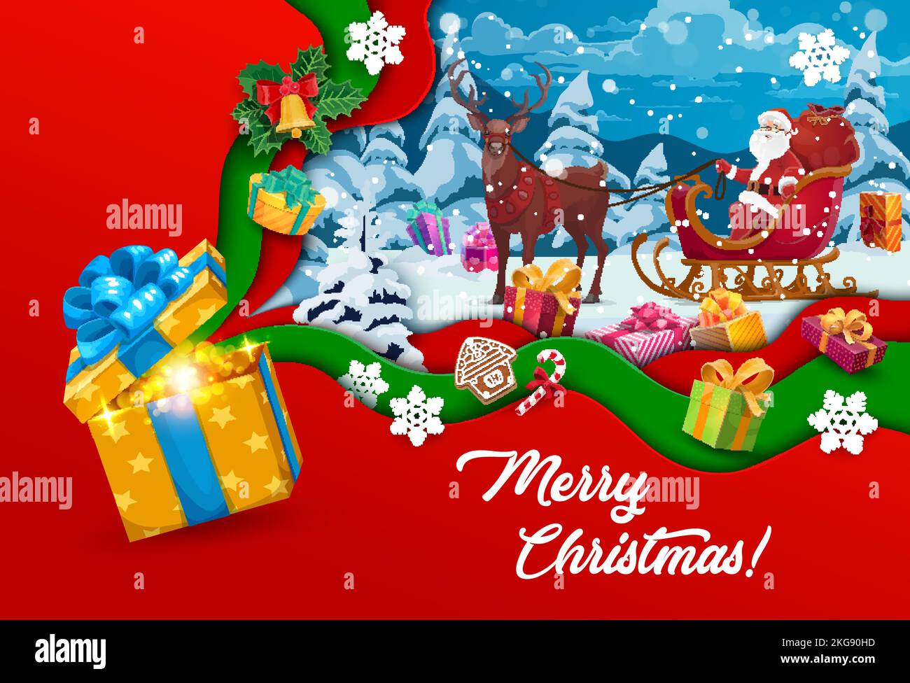Christmas paper cut gifts, snowflakes and cartoon santa on sleigh ...