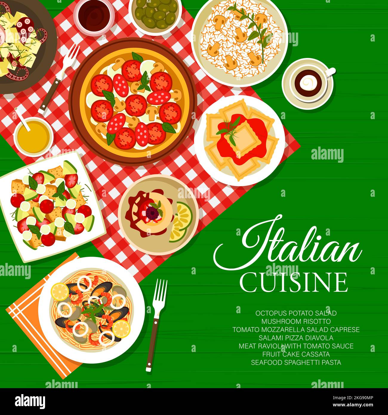 Italian cuisine menu cover page template. Octopus potato salad, ravioli ...