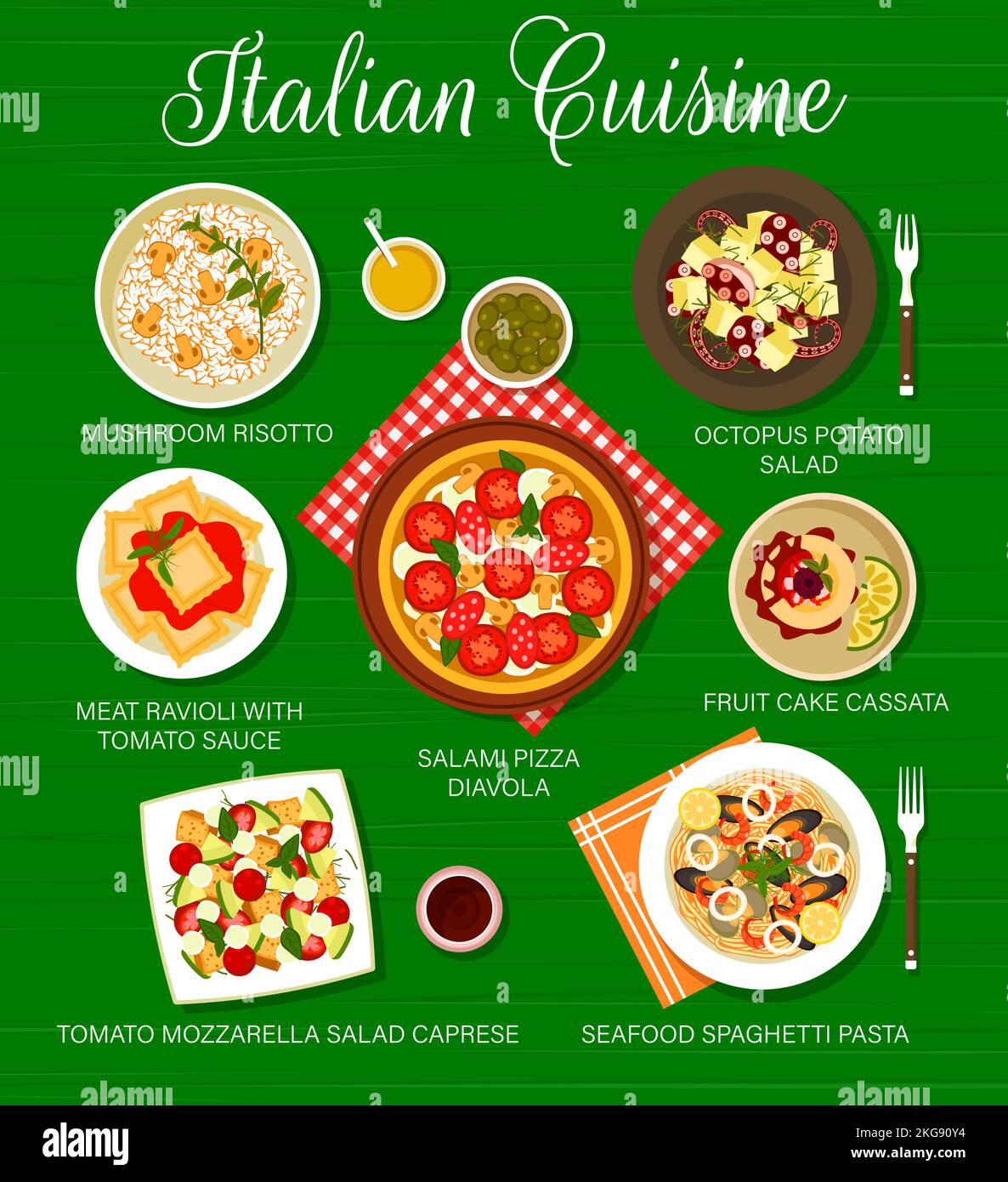 Italian cuisine food menu page. Mushroom risotto, seafood spaghetti ...