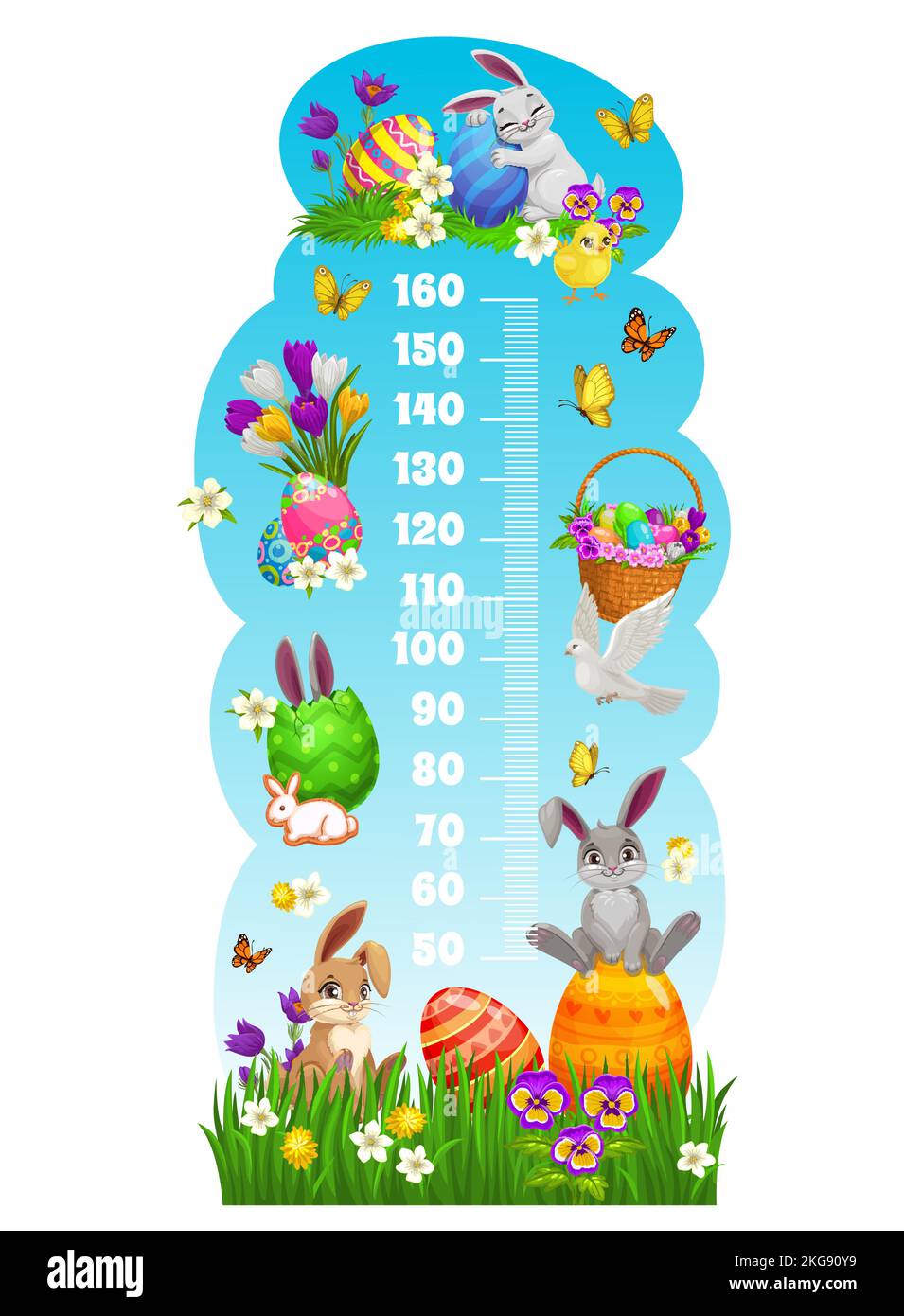 Kids height chart with Easter bunnies and eggs. Vector growth meter or ...