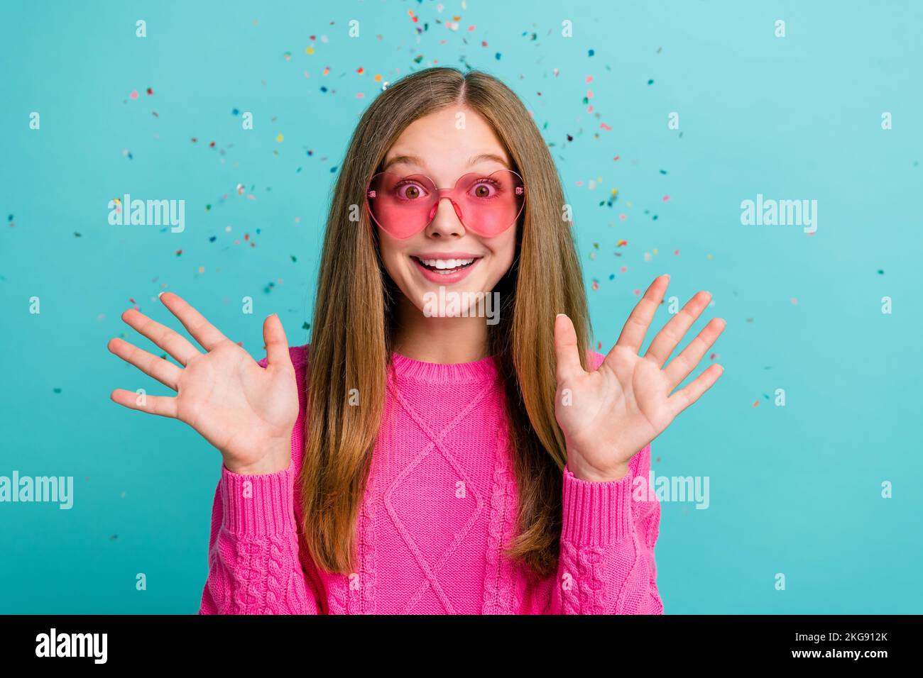 Photo of impressed astonished lady showing hand palm rejoice win ...