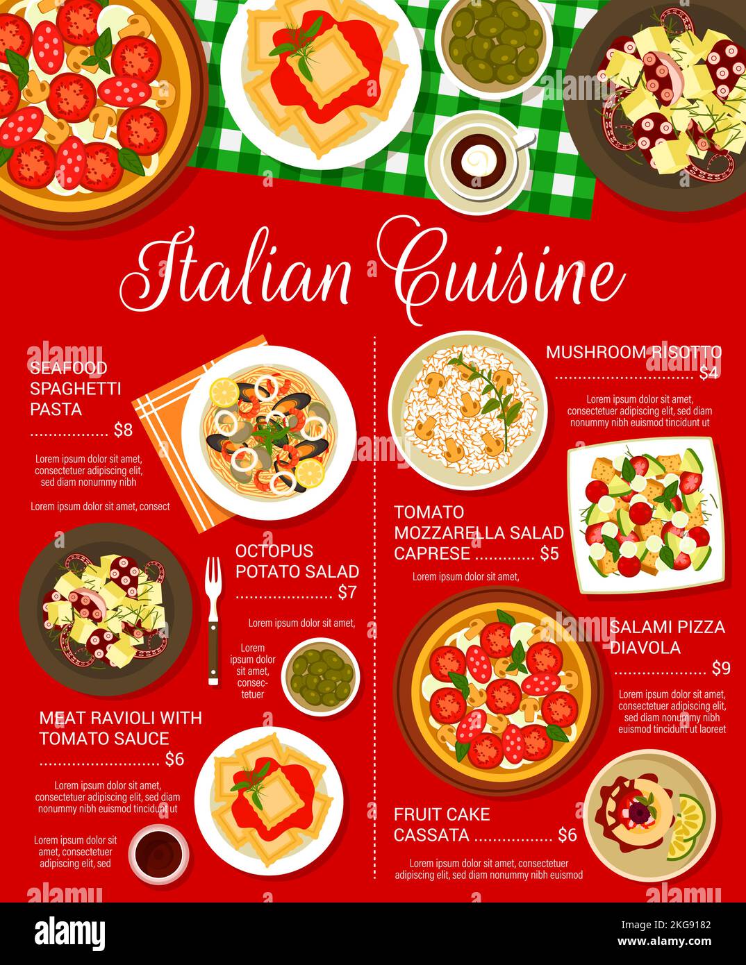 Italian cuisine food menu page. Mushroom risotto, octopus potato salad ...