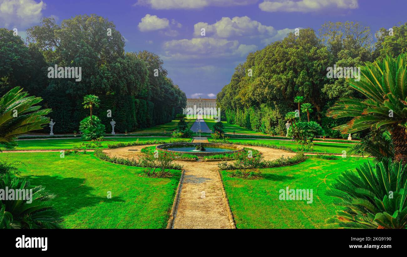 A horizontal bright image of the park and fountains of Royal Palace of ...