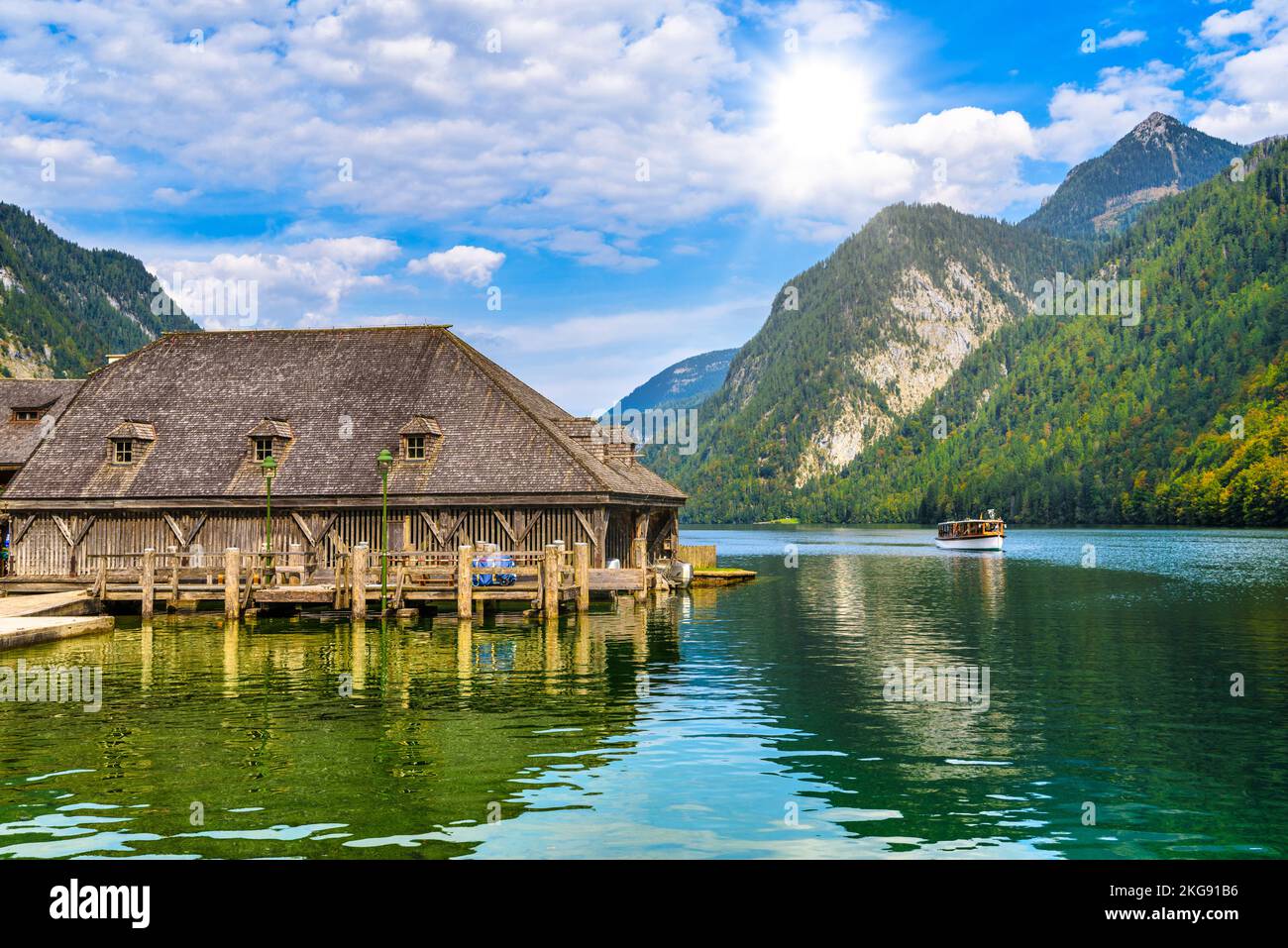 Wooden old houses on the lake Koenigssee, Konigsee, Berchtesgaden ...