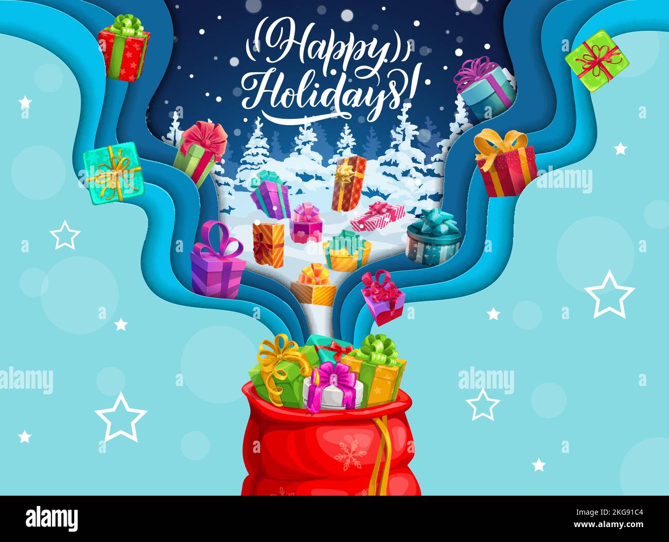 Christmas paper cut santa gifts bag and presents on forest snow. Vector ...