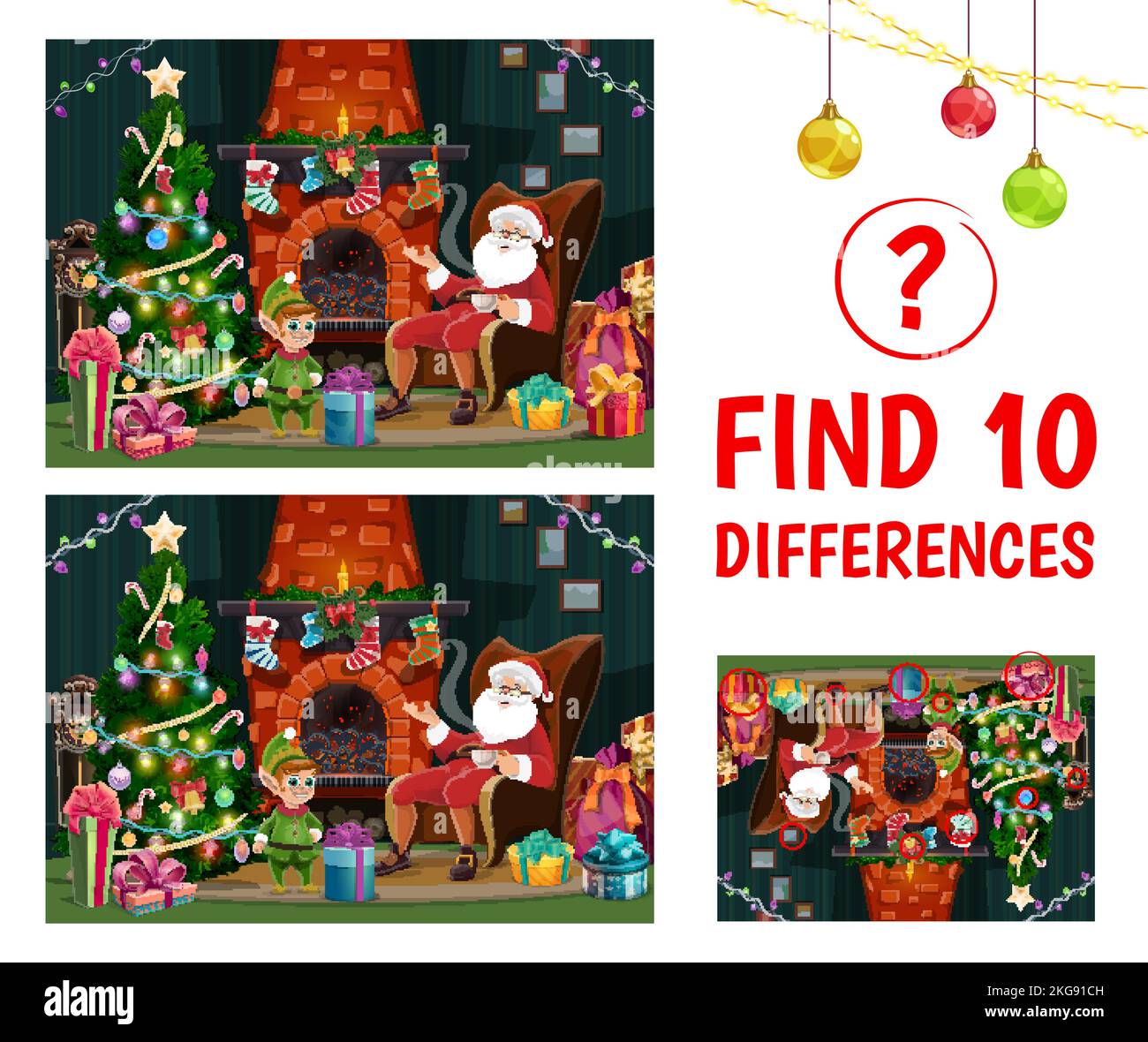 Find ten differences. Christmas interior with santa in chair near ...