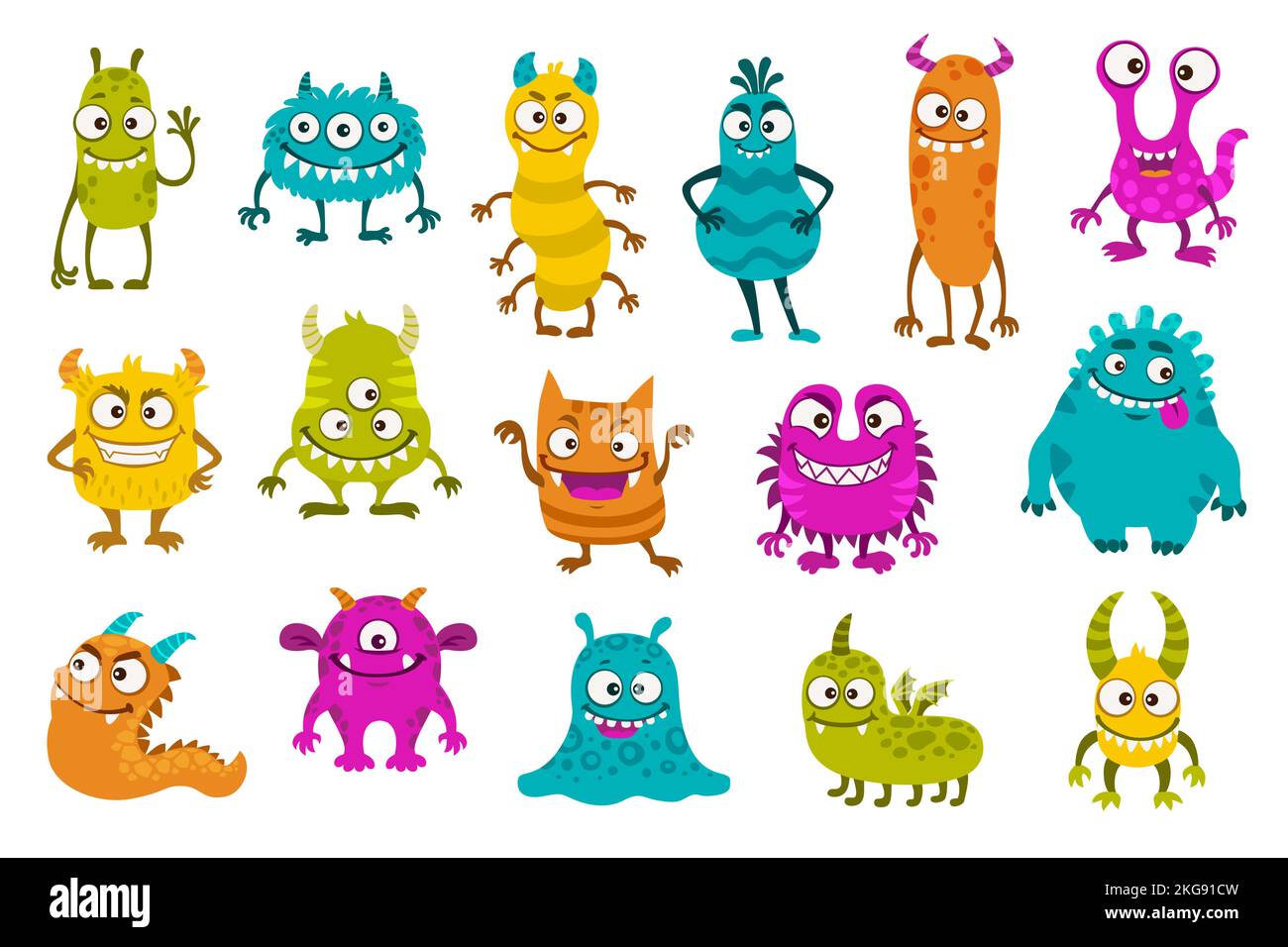 Cartoon funny monster characters. Cute comic creatures, joyful ...