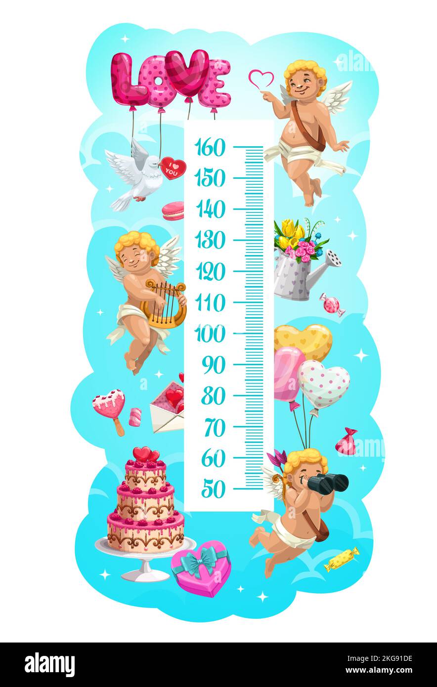 Kids height chart with cupids, balloons and sweets, vector growth meter ...