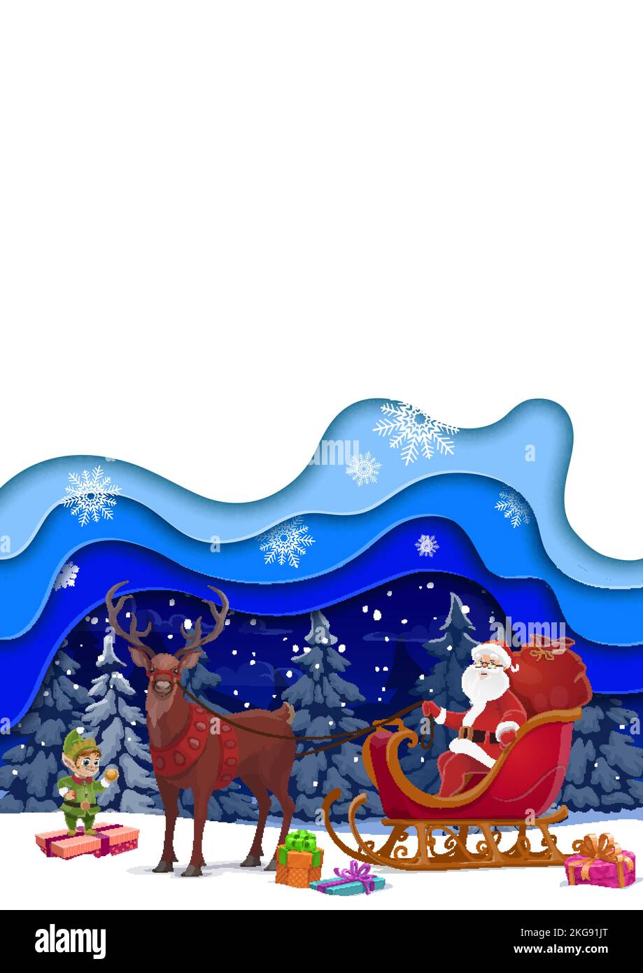 Christmas paper cut banner, cartoon Santa on sleigh. Vector template ...