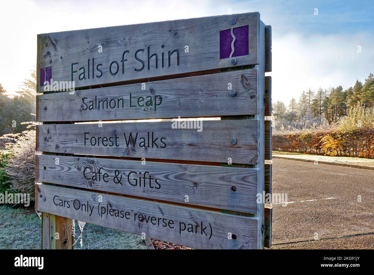Falls of Shin River Shin Sutherland Scotland wooden detailed sign post ...
