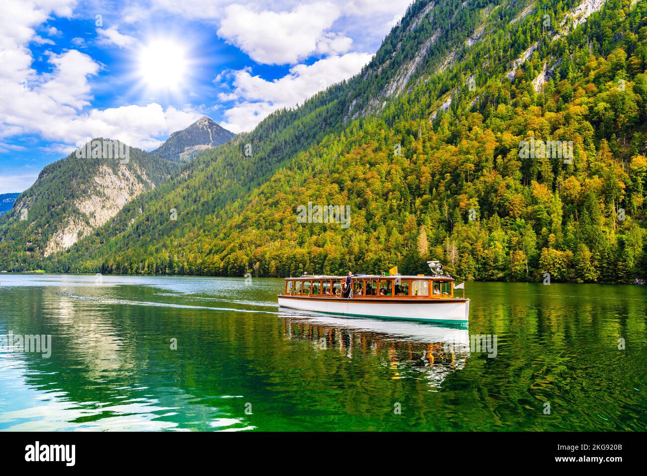 Electric boat in Koenigssee, Konigsee, Berchtesgaden National Park ...