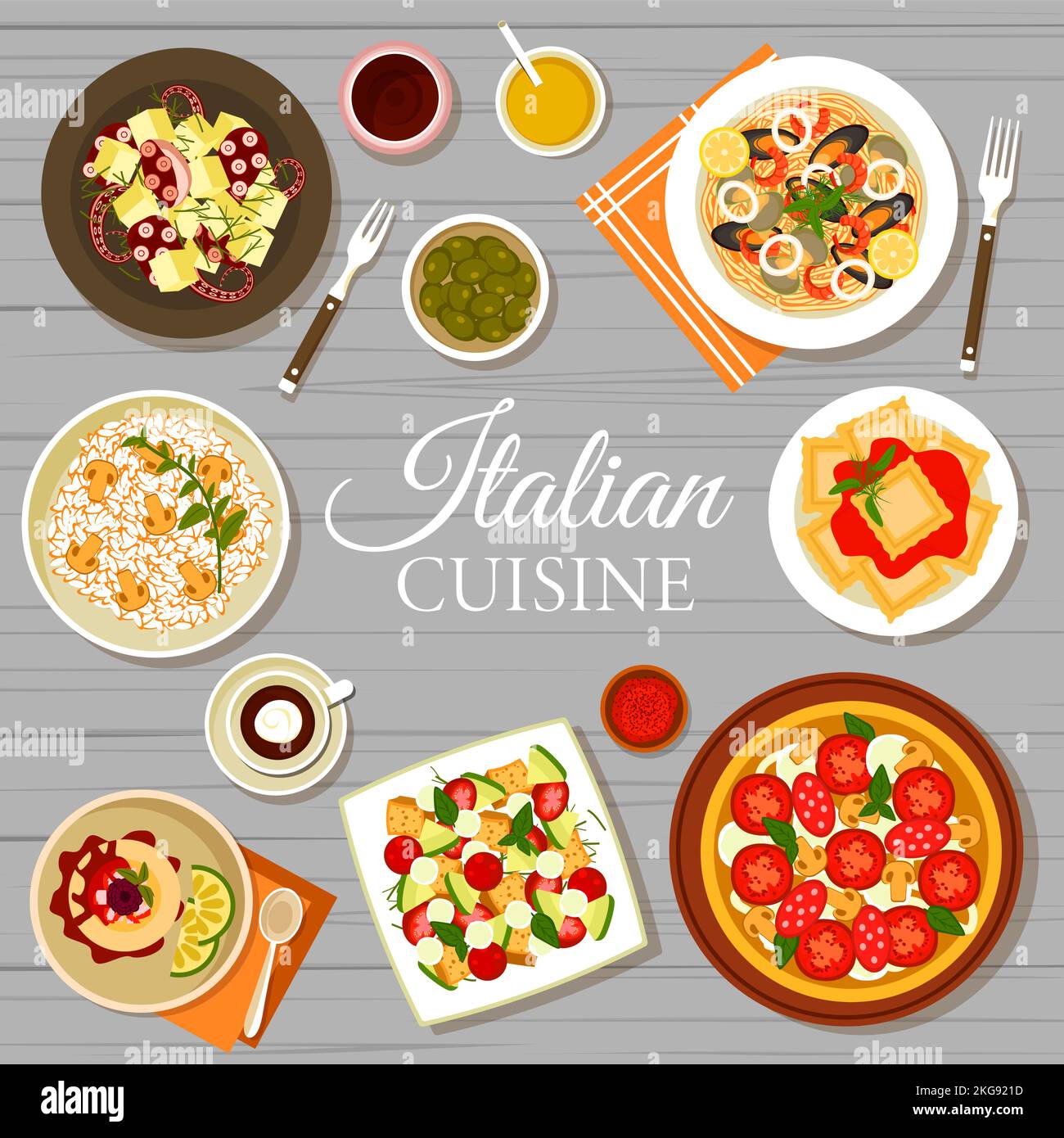 Italian cuisine food menu cover page. Pizza Diavola and seafood ...