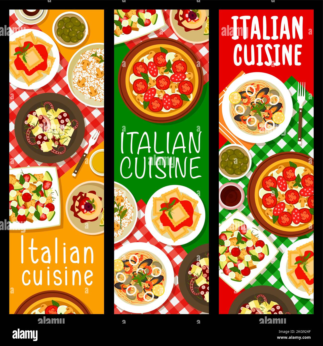 Italian cuisine food vertical banners. Mushroom risotto, pizza Diavola ...