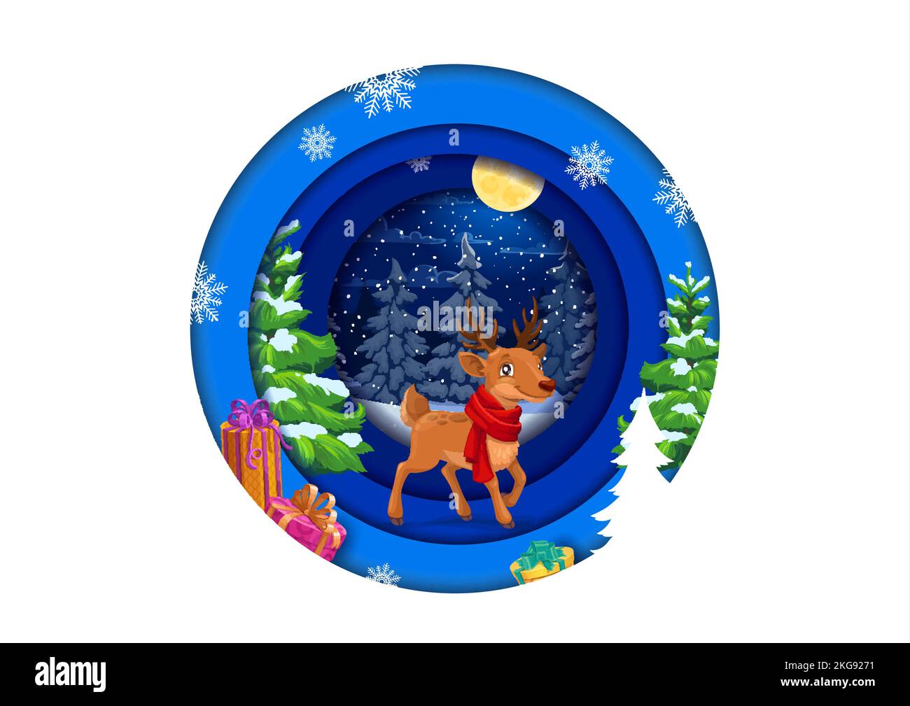Christmas paper cut banner with cartoon cute deer in winter forest ...