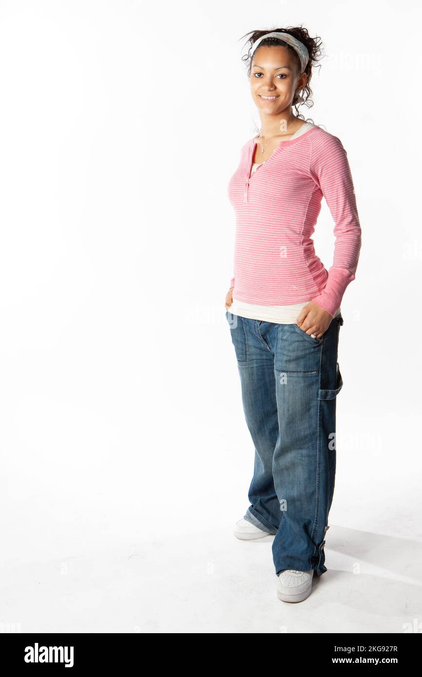 Teenagers: Friendly Girl full length portrait. Relaxed body language ...