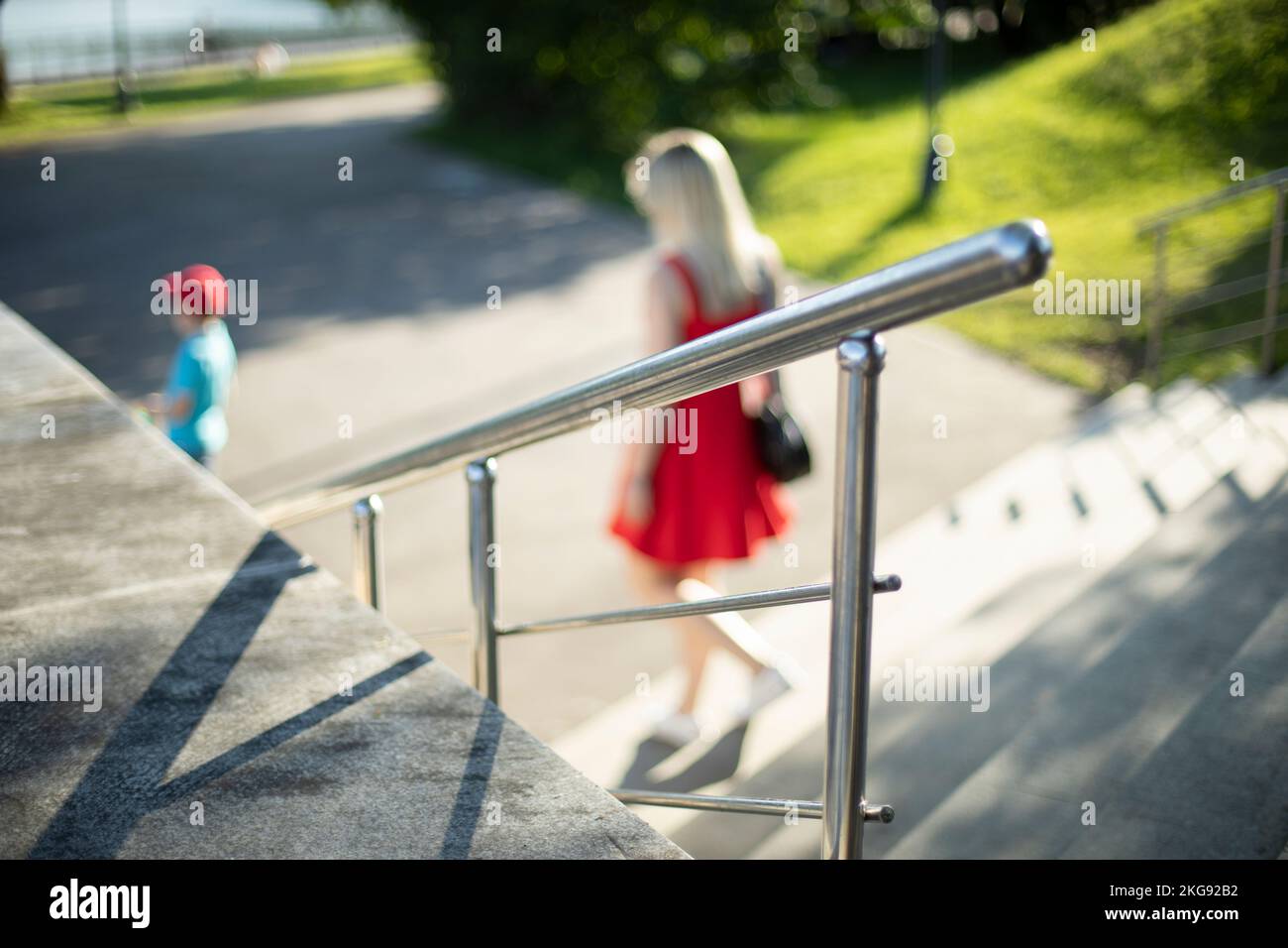 Handrail on stairs in park. Steel handrail. Element of park ...
