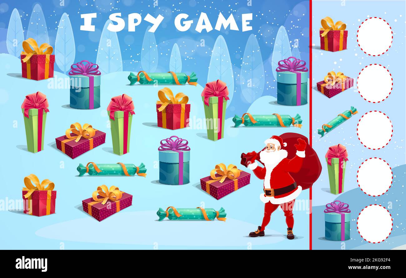 Christmas kids i spy game. Help to santa find a gifts. Cartoon vector ...