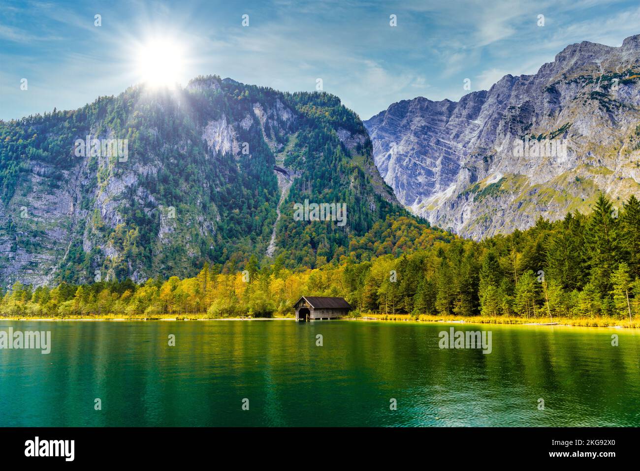 Wooden old fish house on the lake Koenigssee in Konigsee, Berchtesgaden ...