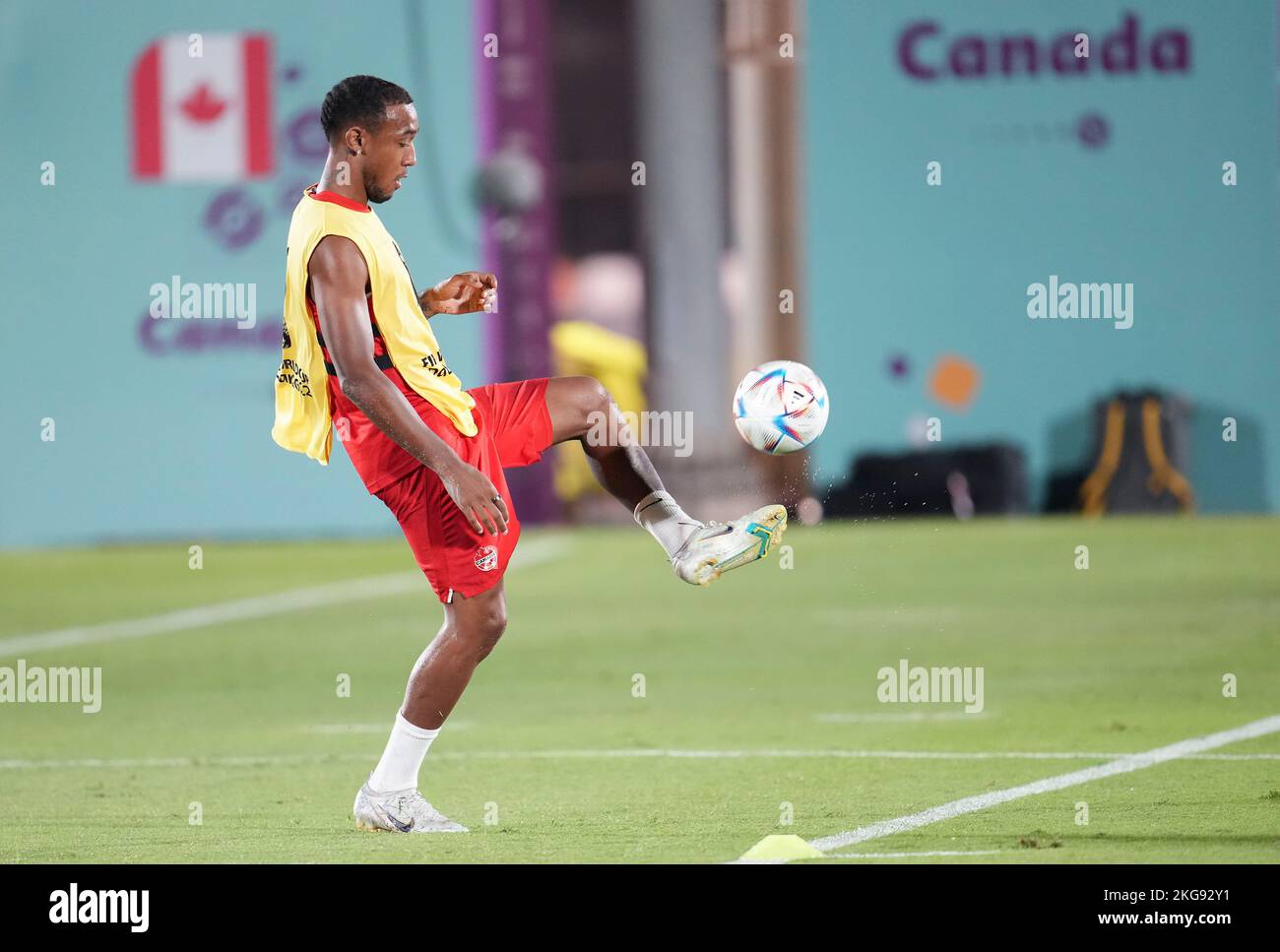 Doha, Qatar, Nov. 22, 2022. Canada midfielder Mark-Anthony Kaye kicks ...