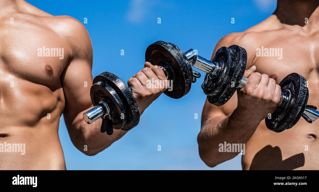 Dumbbell. Muscular bodybuilder guys, exercises with dumbbells. Muscles ...