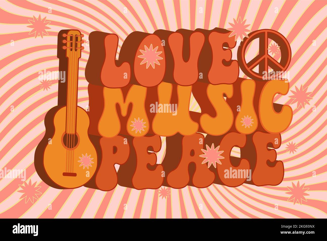 Groovy music with retro guitar Love peace Hippie style Vintage design ...