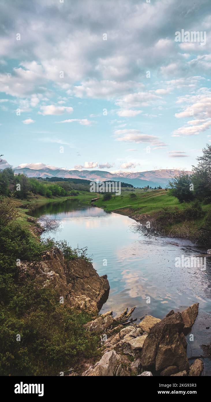 A vertical shot of a lake in the middle of a grass field on a sunny day ...