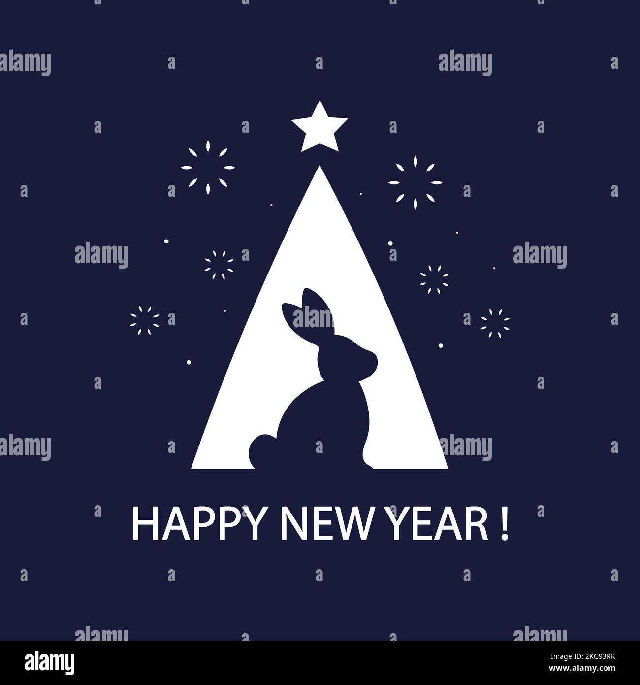Happy New year. Silhouettes of rabbit and christmas tree. Greeting card ...