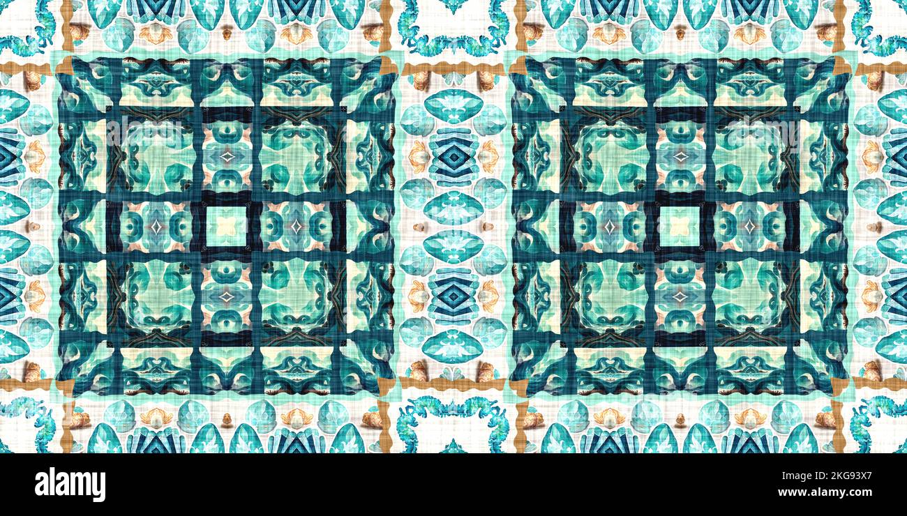 Teal beach house border in coastal style patchwork pattern. Modern ...