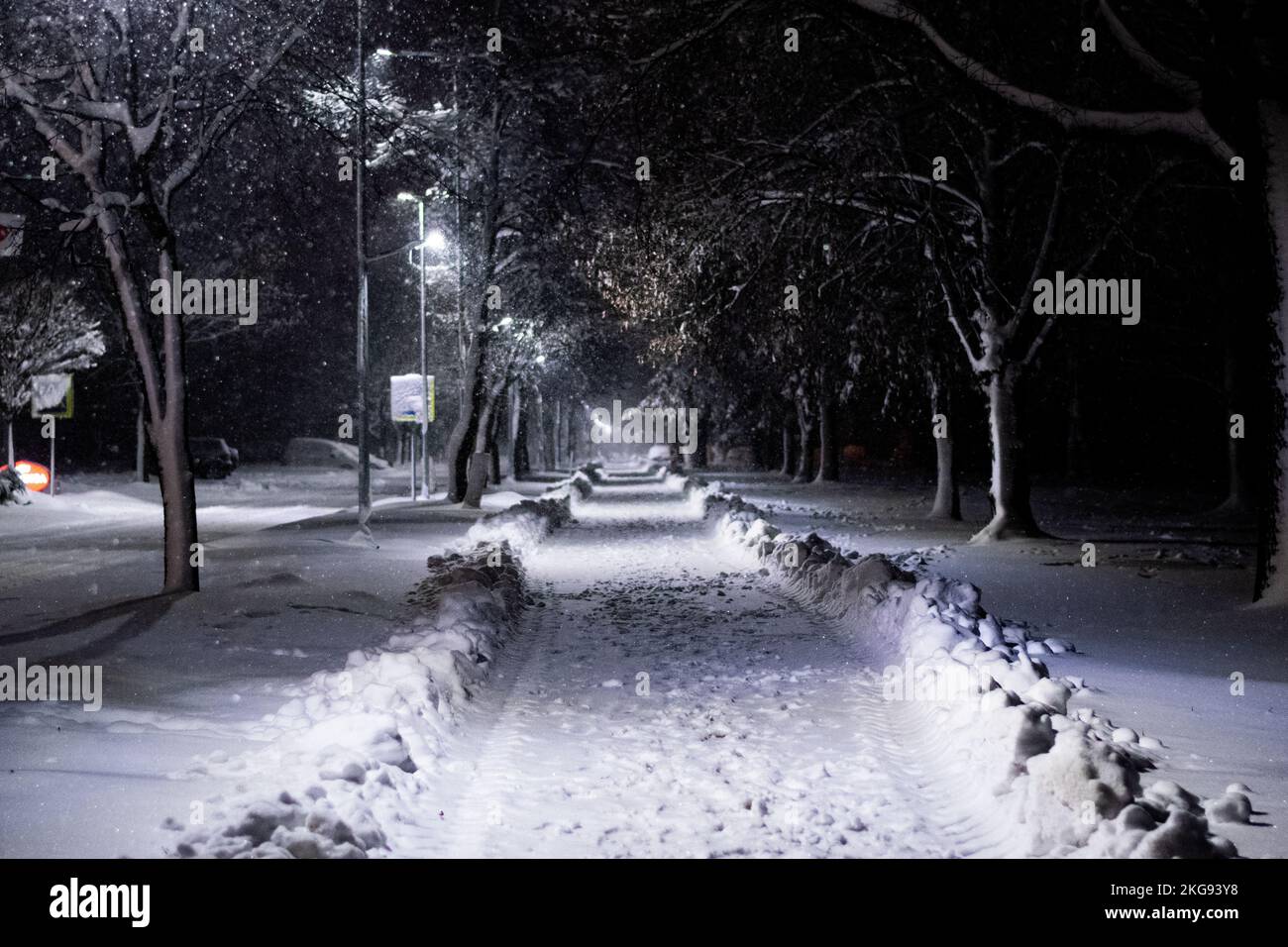 A scenic shot of a pathway covered with snow during snowfall, at night ...
