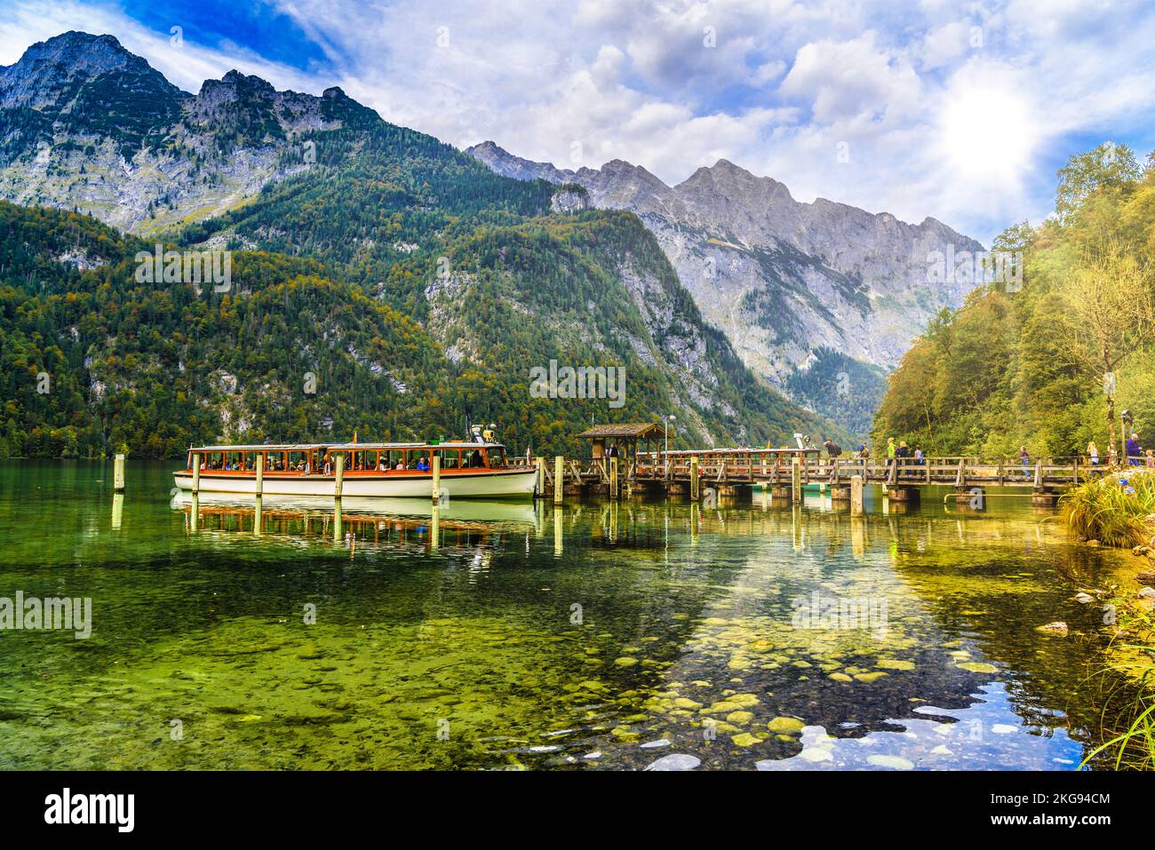 Electric boat in Koenigssee, Konigsee, Berchtesgaden National Park ...