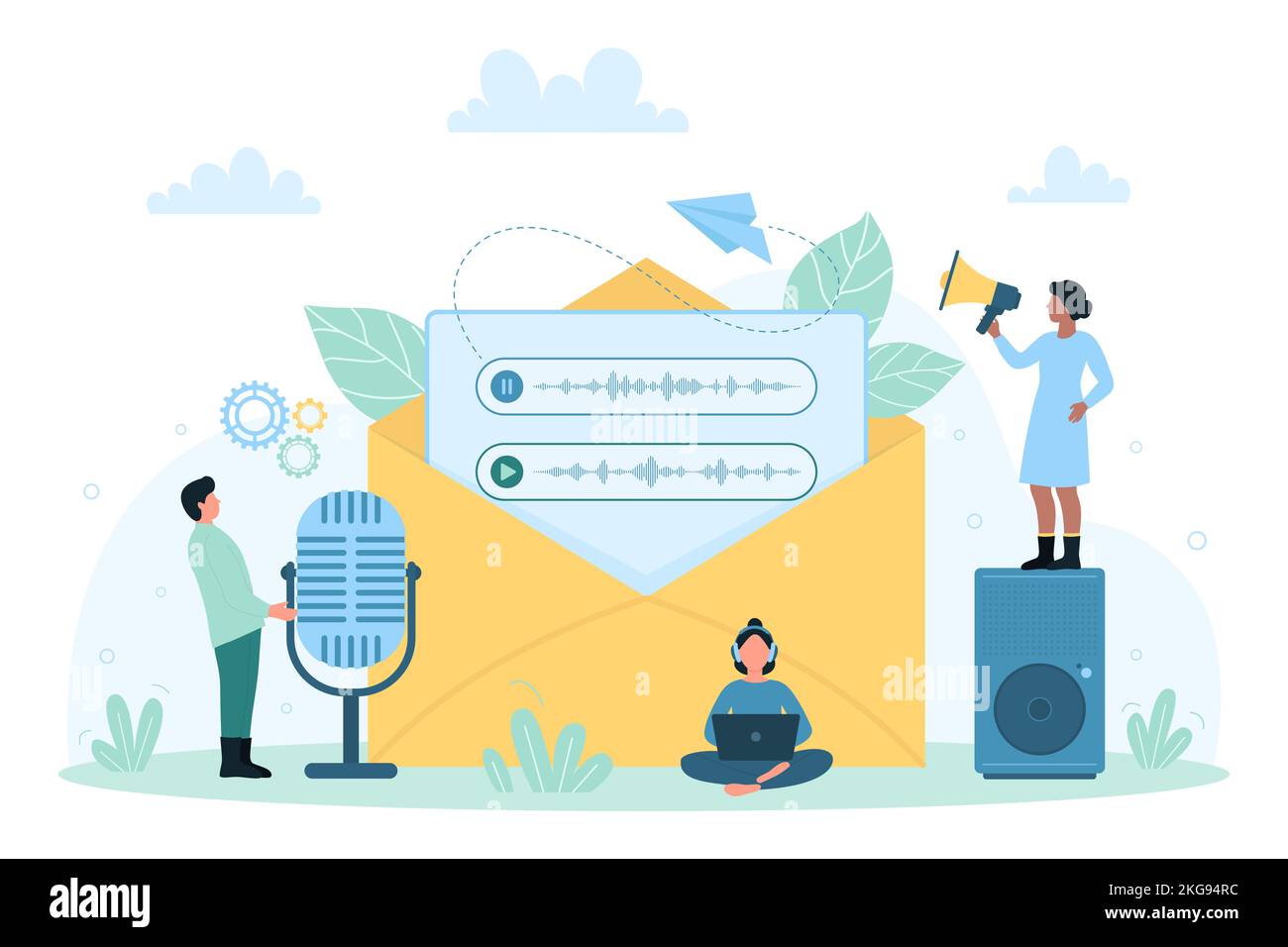 Voice mail service vector illustration. Cartoon tiny people record ...