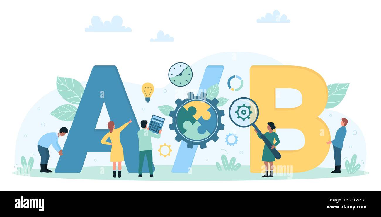 A B split test vector illustration. Cartoon tiny people compare two ...