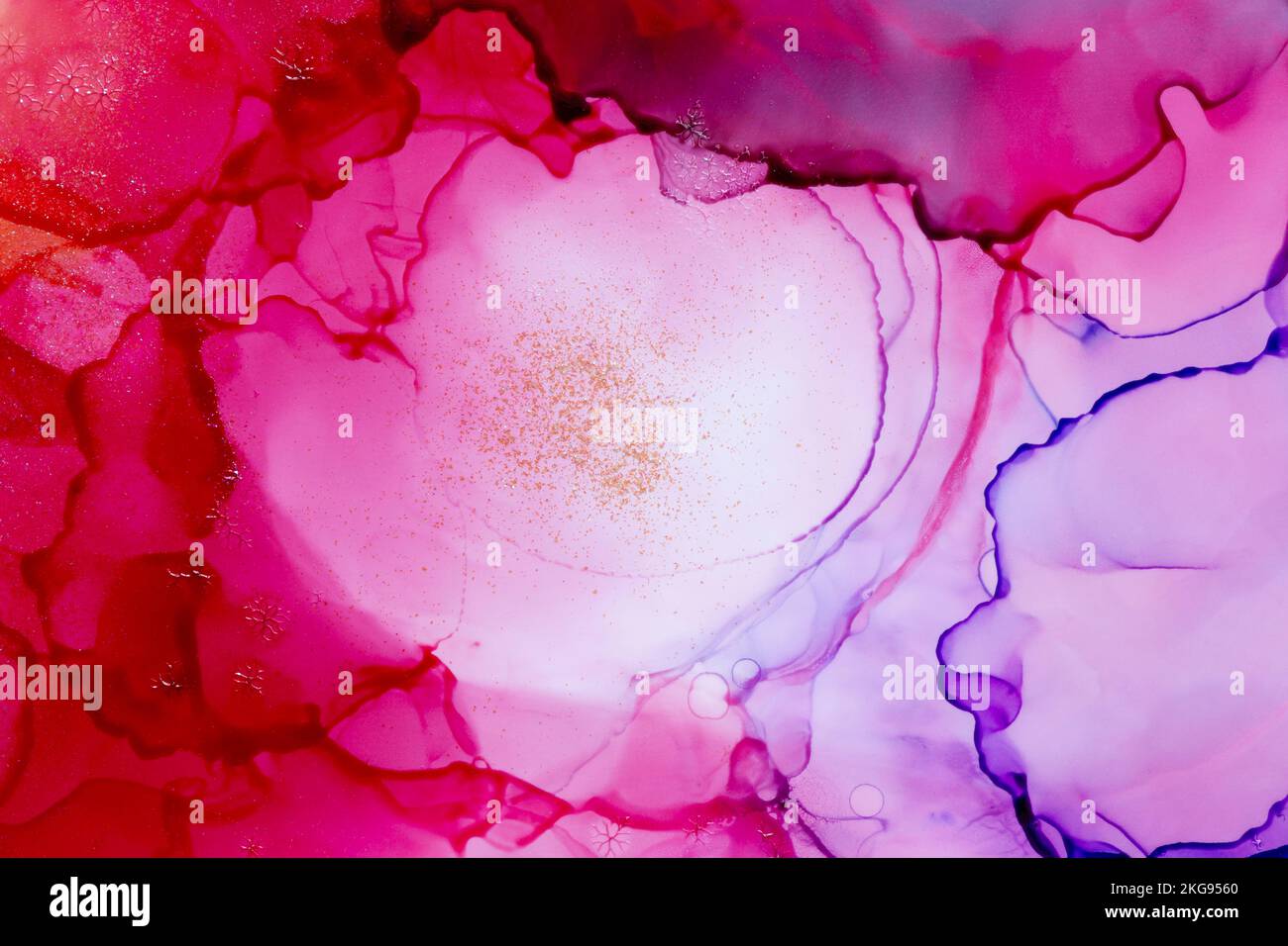 Macro close-up of red and purple alcohol ink layers and splashes with ...