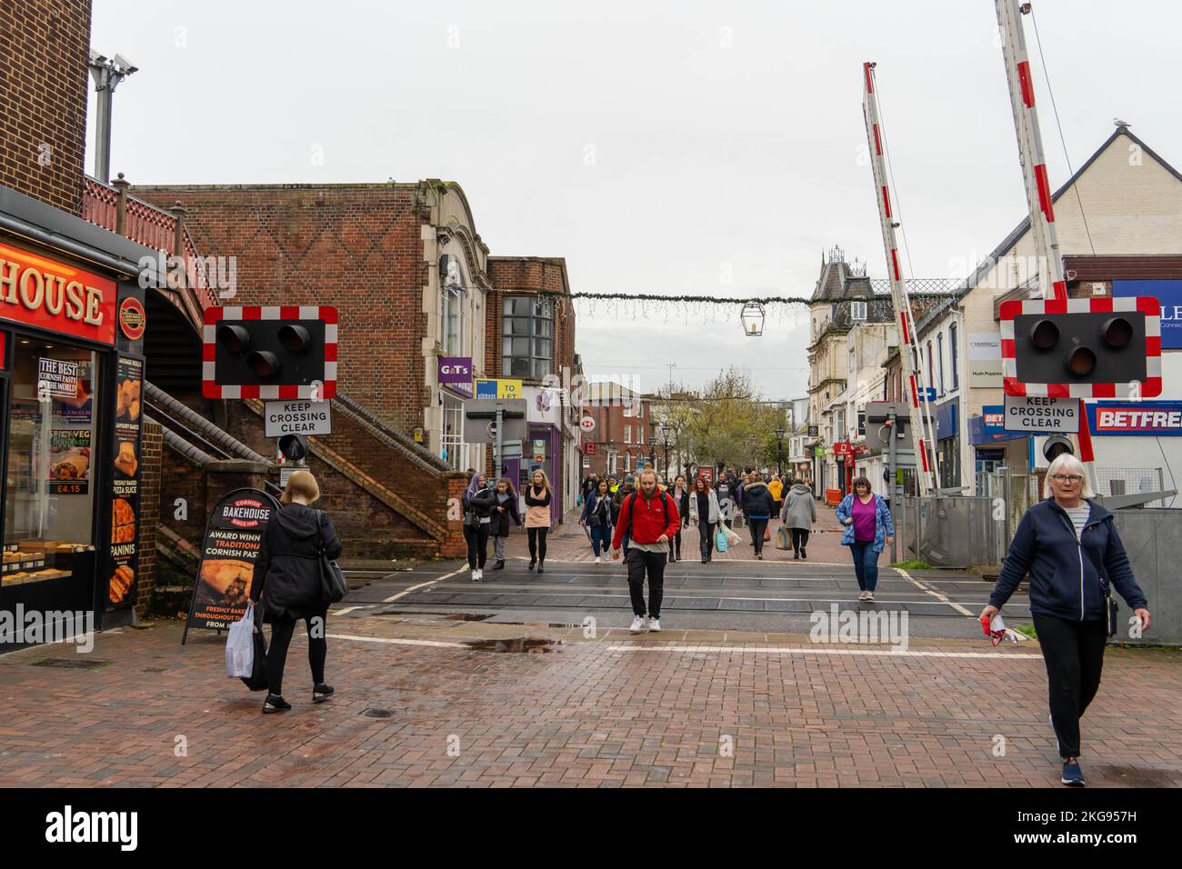 The railway crossing in the town centre of Poole, Dorset, UK, with ...