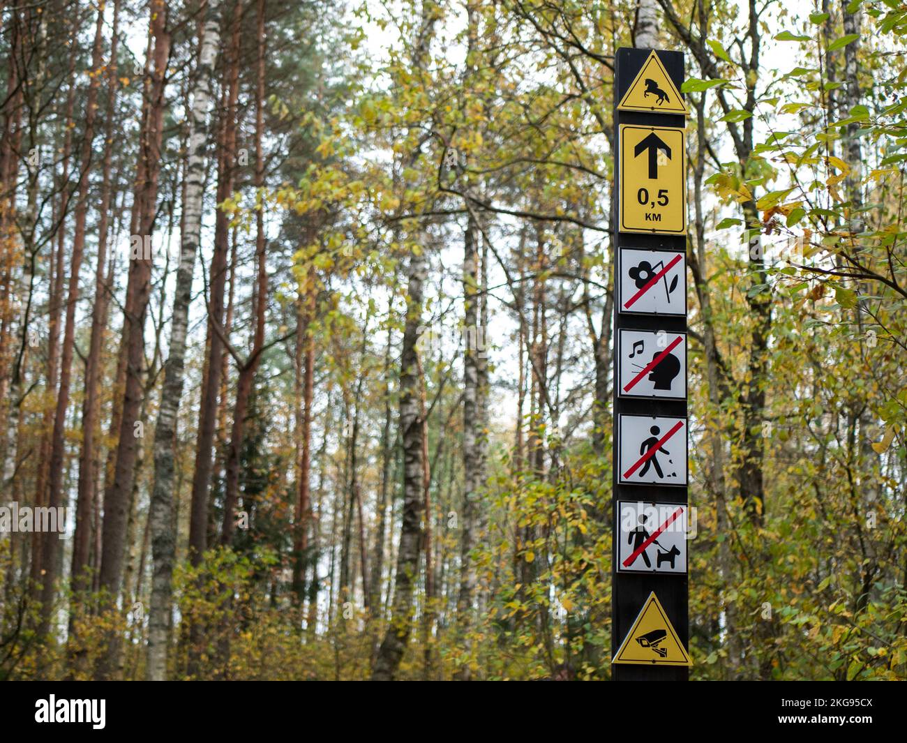 Tourist information signs on nature interaction, selective focus. Signs ...